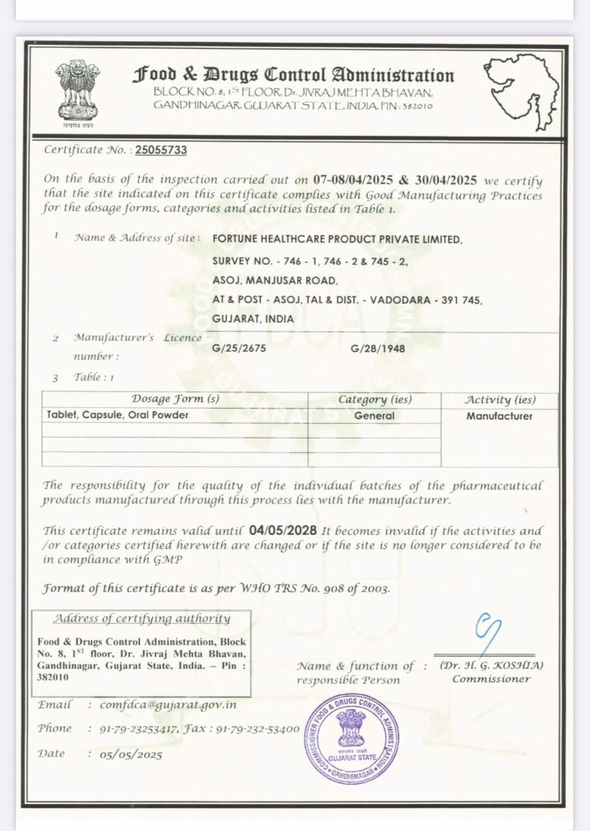 certificate - Fortune Healthcare Product Pvt Ltd